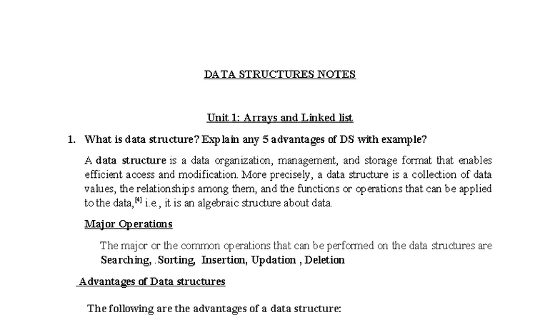 DATA STRUCTURES NOTES (CS101) - Unit 1: Arrays & Linked Lists - Studocu