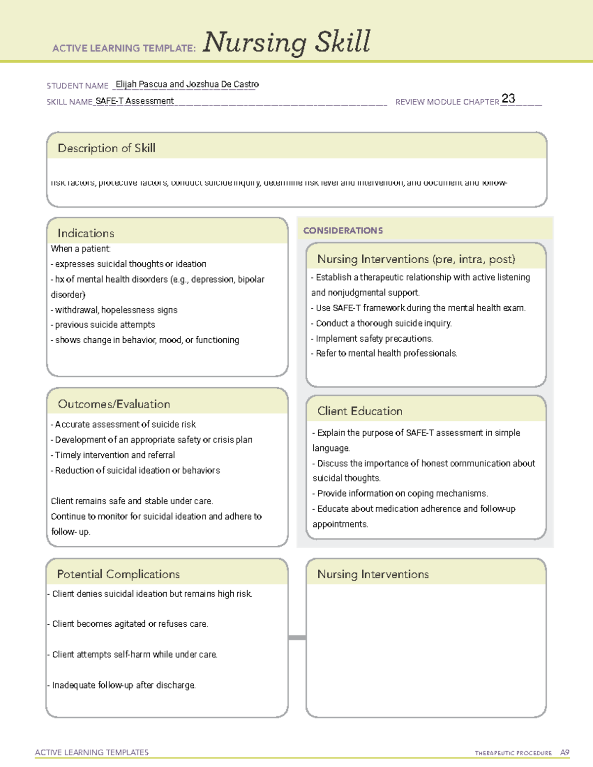 ACTIVE LEARNING TEMPLATE: Nursing Skill Assessment on Suicide Risk ...