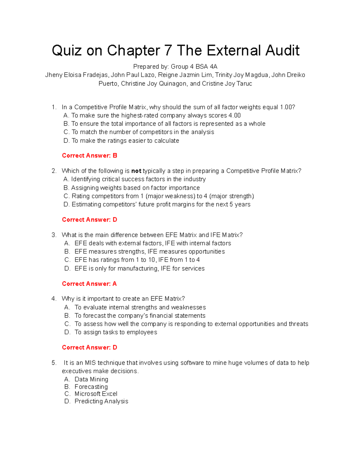 Quiz on Chapter 7: The External Audit - Answer Key BSA 4A - Studocu
