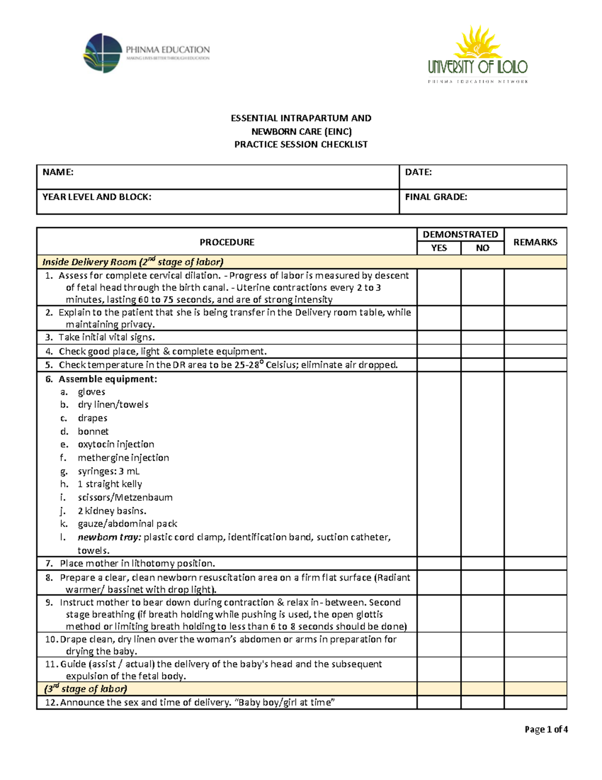 EINC Practice Session Checklist: Intrapartum & Newborn Care Guide - Studocu