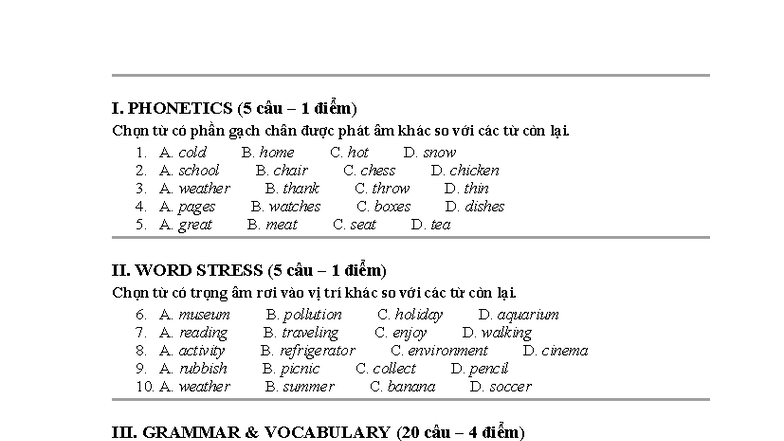 ĐỀ ÔN TẬP CUỐI NĂM GS6 - PHONETICS, WORD STRESS, GRAMMAR & VOCAB - Studocu