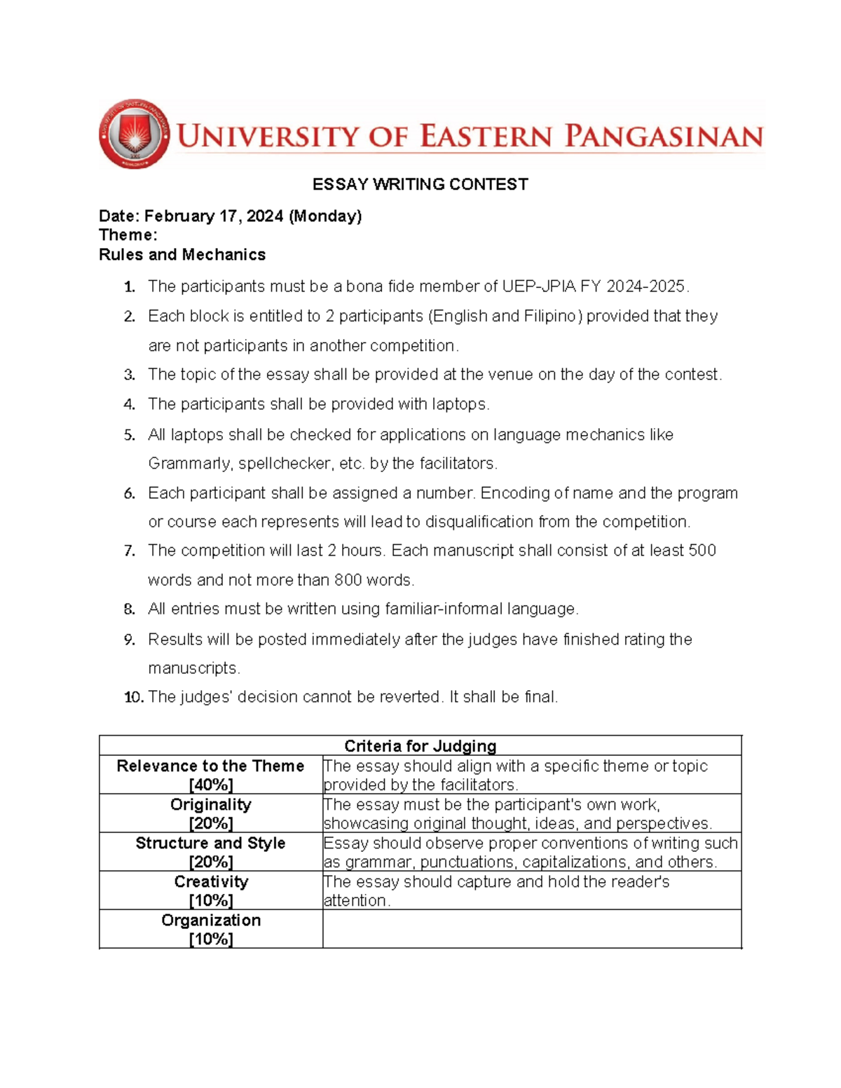 UEP-JPIA Essay Writing Contest Rules and Mechanics for FY 2024-2025 ...