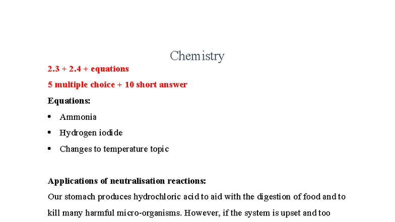 Chemistry 5: Equations & Applications of Neutralisation Reactions - Studocu