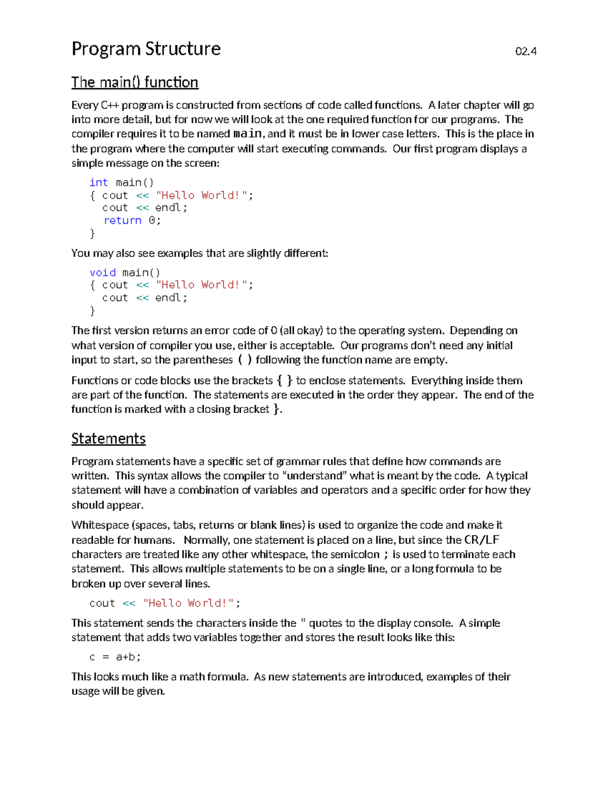 C++ Programming Basics: Functions & main() Structure 02.4 - Studocu