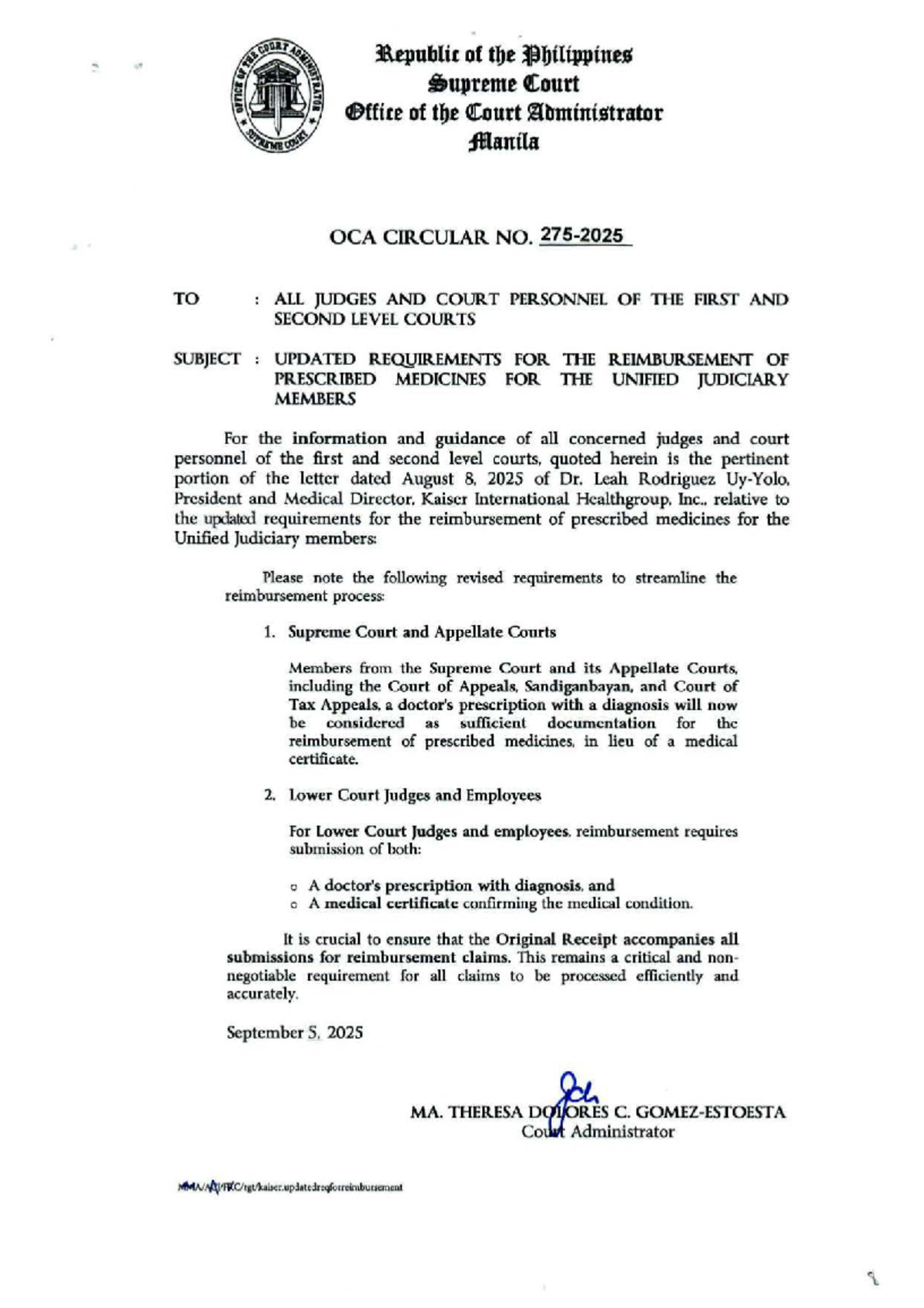 OCA Circular No. 2025-Updated Reimbursement Requirements for Medicines ...
