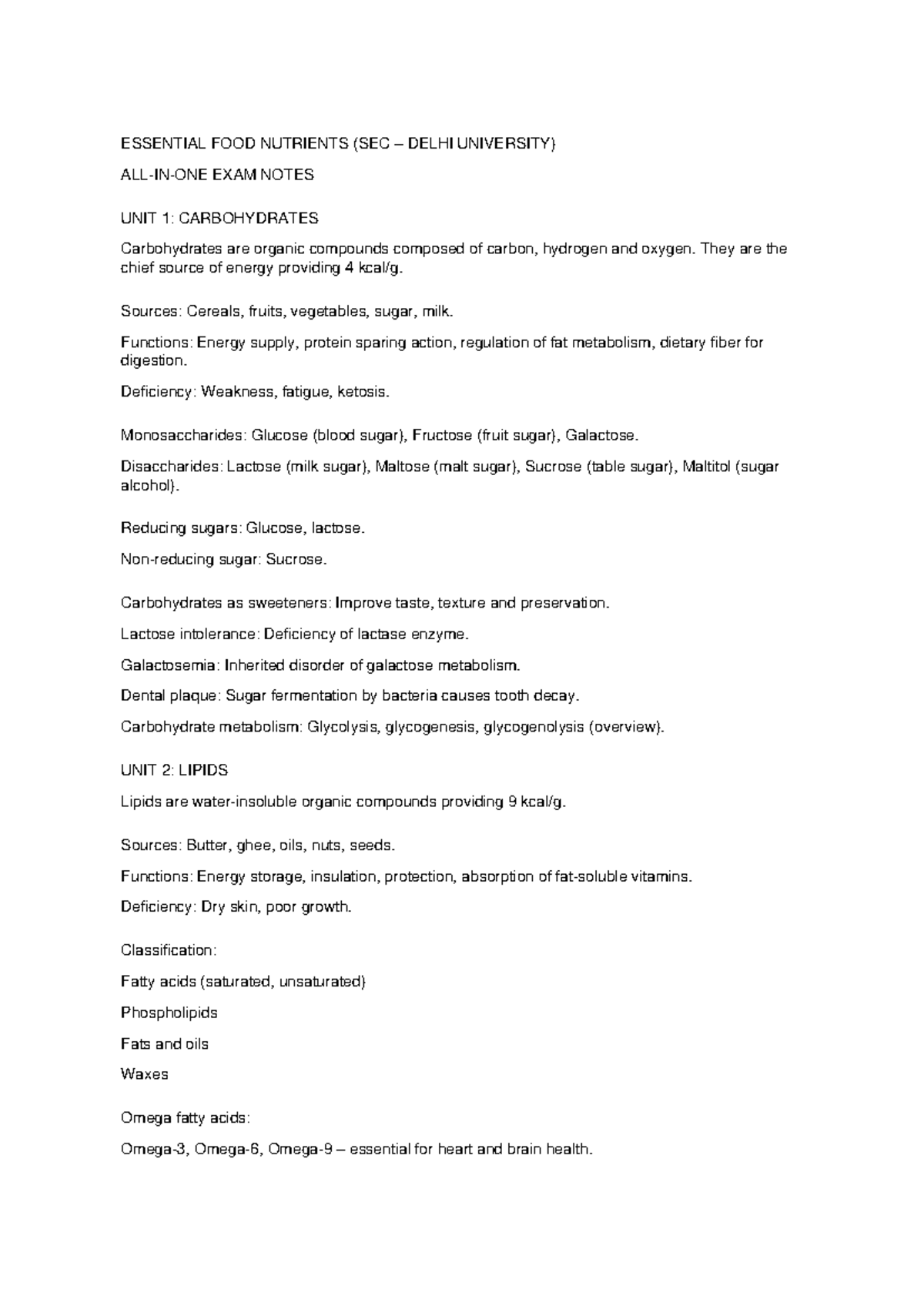 SEC DELHI UNIVERSITY ESSENTIAL FOOD NUTRIENTS EXAM NOTES - Studocu