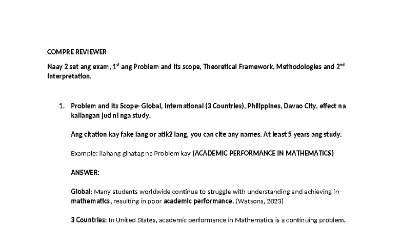 Compre Reviewer: Exam Insights on Academic Performance in Math - Studocu