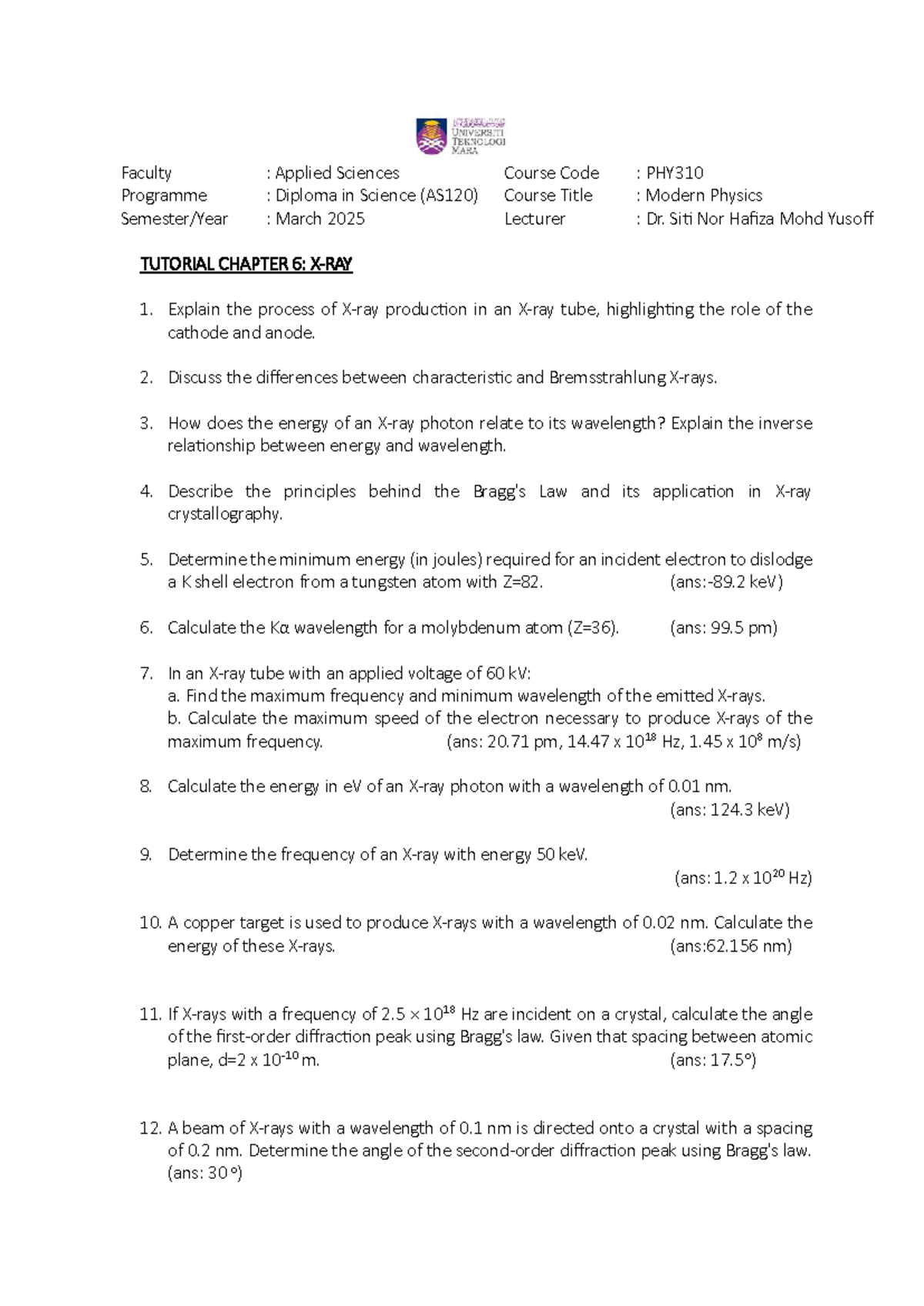 PHY310 Modern Physics Tutorial: Key Concepts & Problem Solving - Studocu