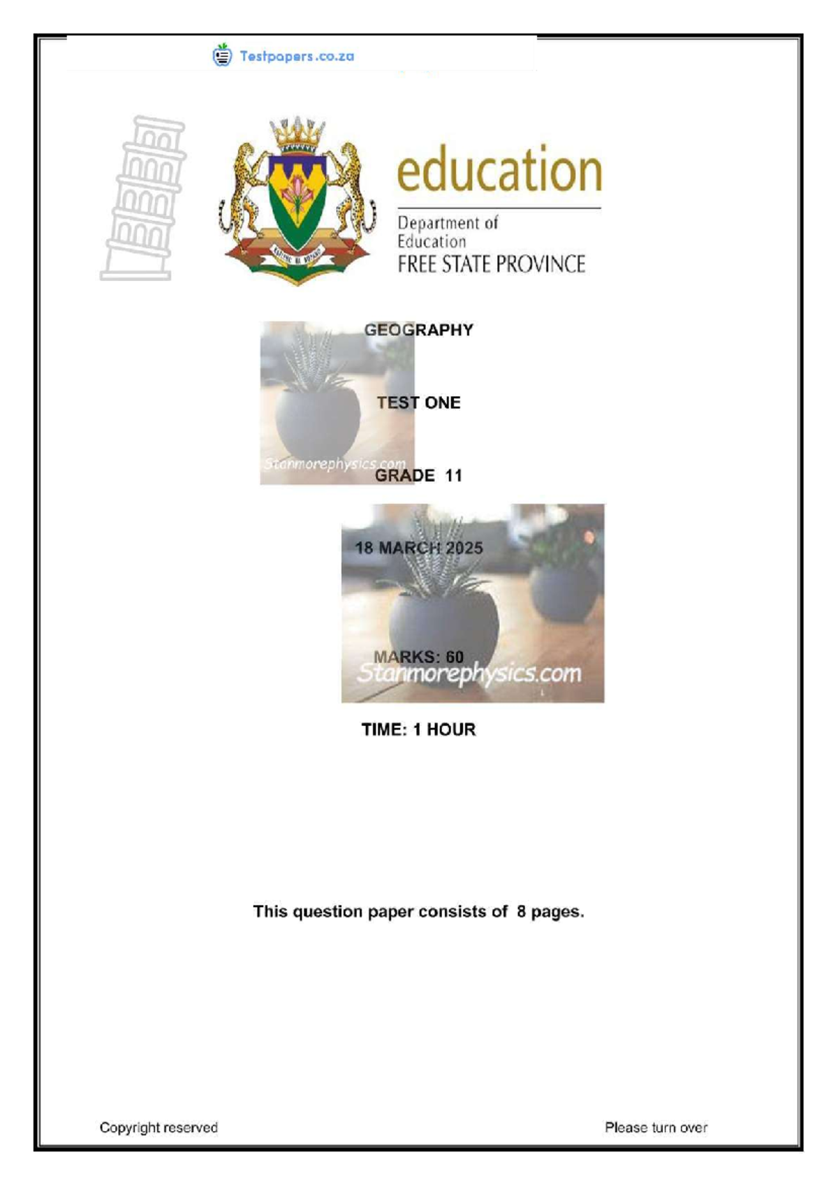 FS Geography Grade 11 March 2025 Test Paper and Marking Memo - Studocu