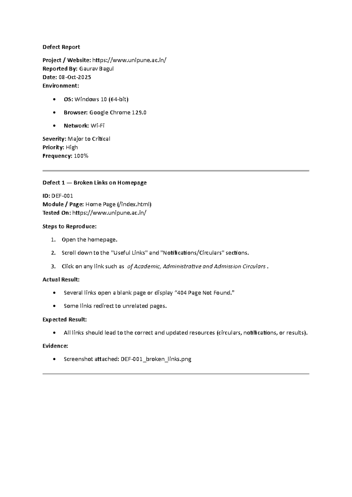 Defect Report STQA - Practical 3: Website Issues & Solutions - Studocu
