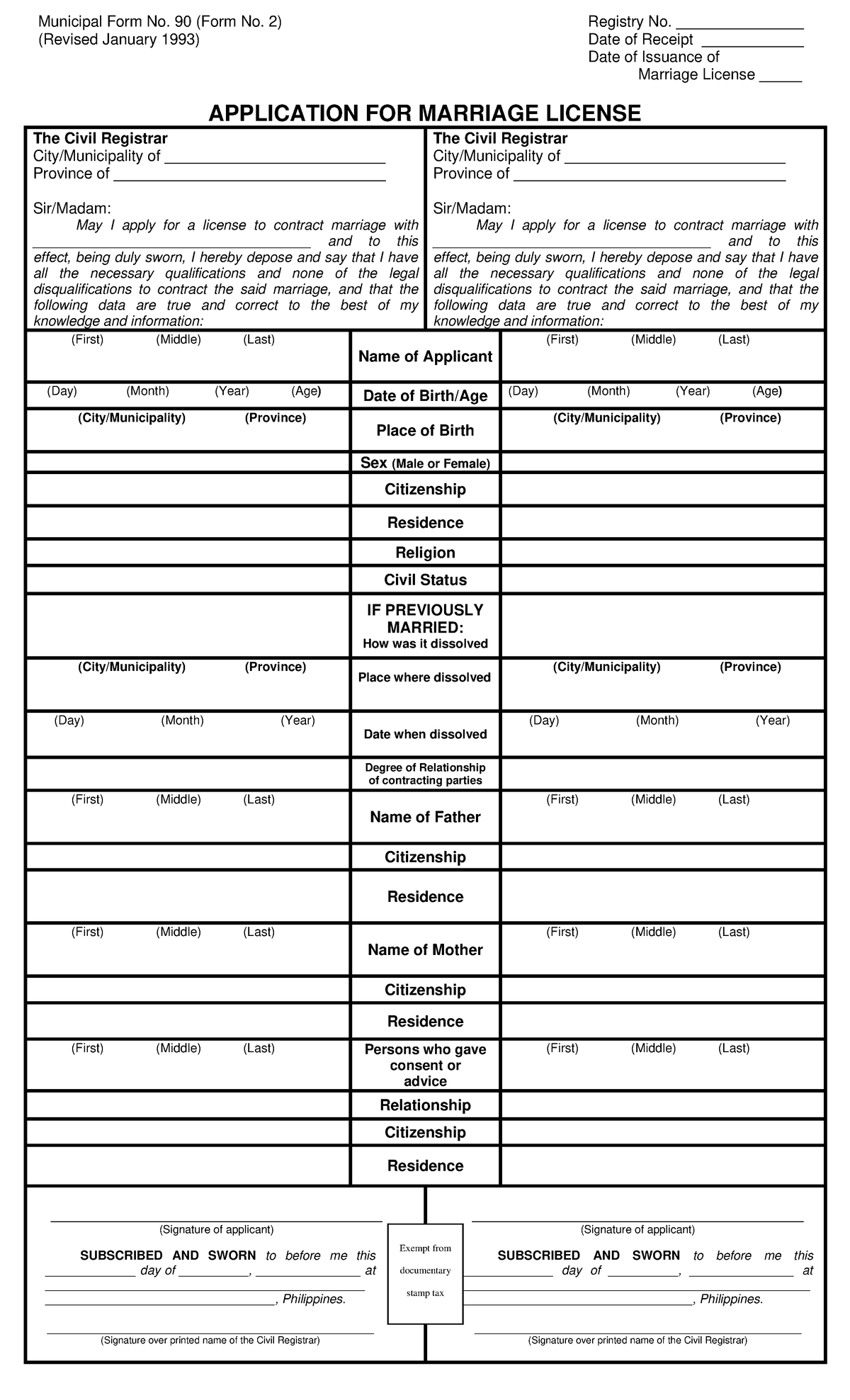 Form 90 1993 application for marriage license - Municipal Form No. 90 ...