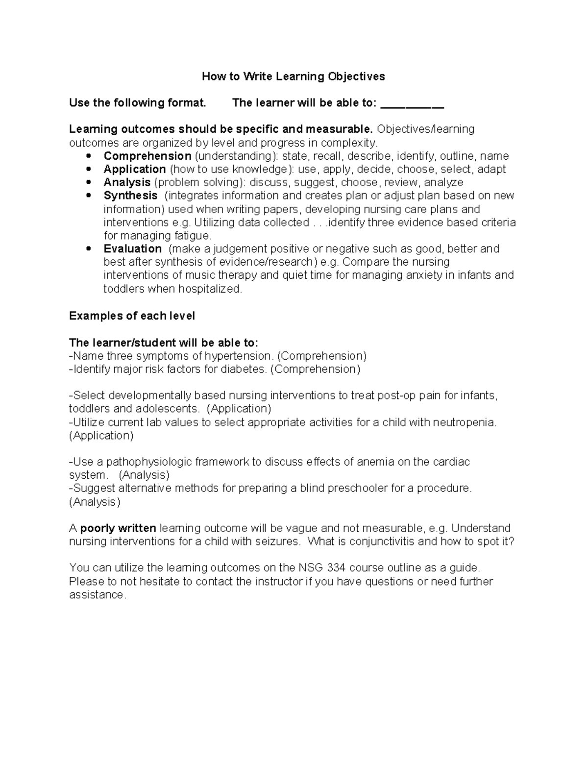 NSG 334: Writing Effective Learning Objectives Guide - Studocu