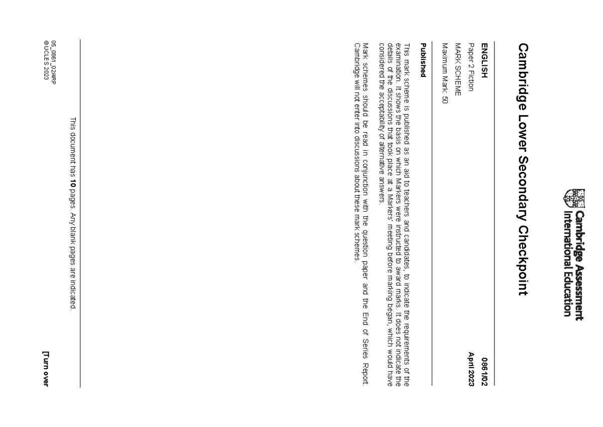 Cambridge Lower Secondary Checkpoint ENGLISH Paper 2 Fiction Mark ...
