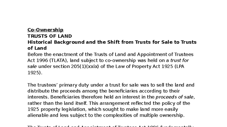 L3 - Co-Ownership: Trusts of Land and Legal Ownership Dynamics - Studocu