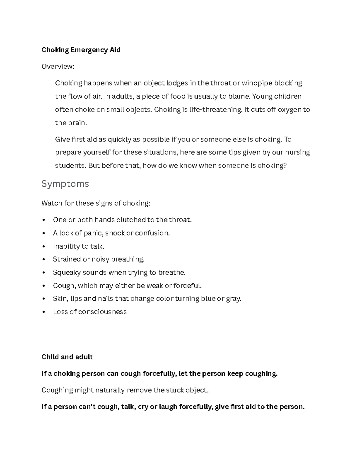Choking Emergency Aid - Lecture notes - Choking Emergency Aid Overview ...