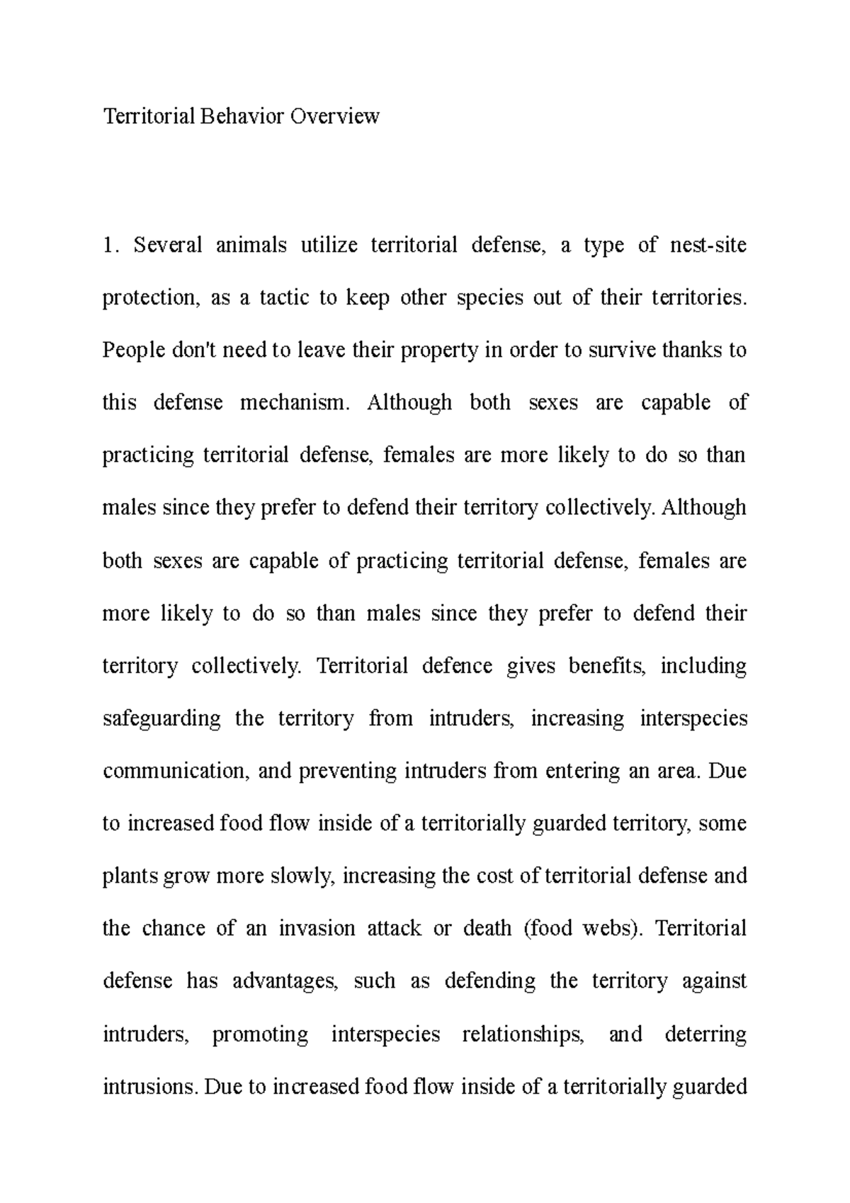 Territorial Behavior Overview - Territorial Behavior Overview Several ...