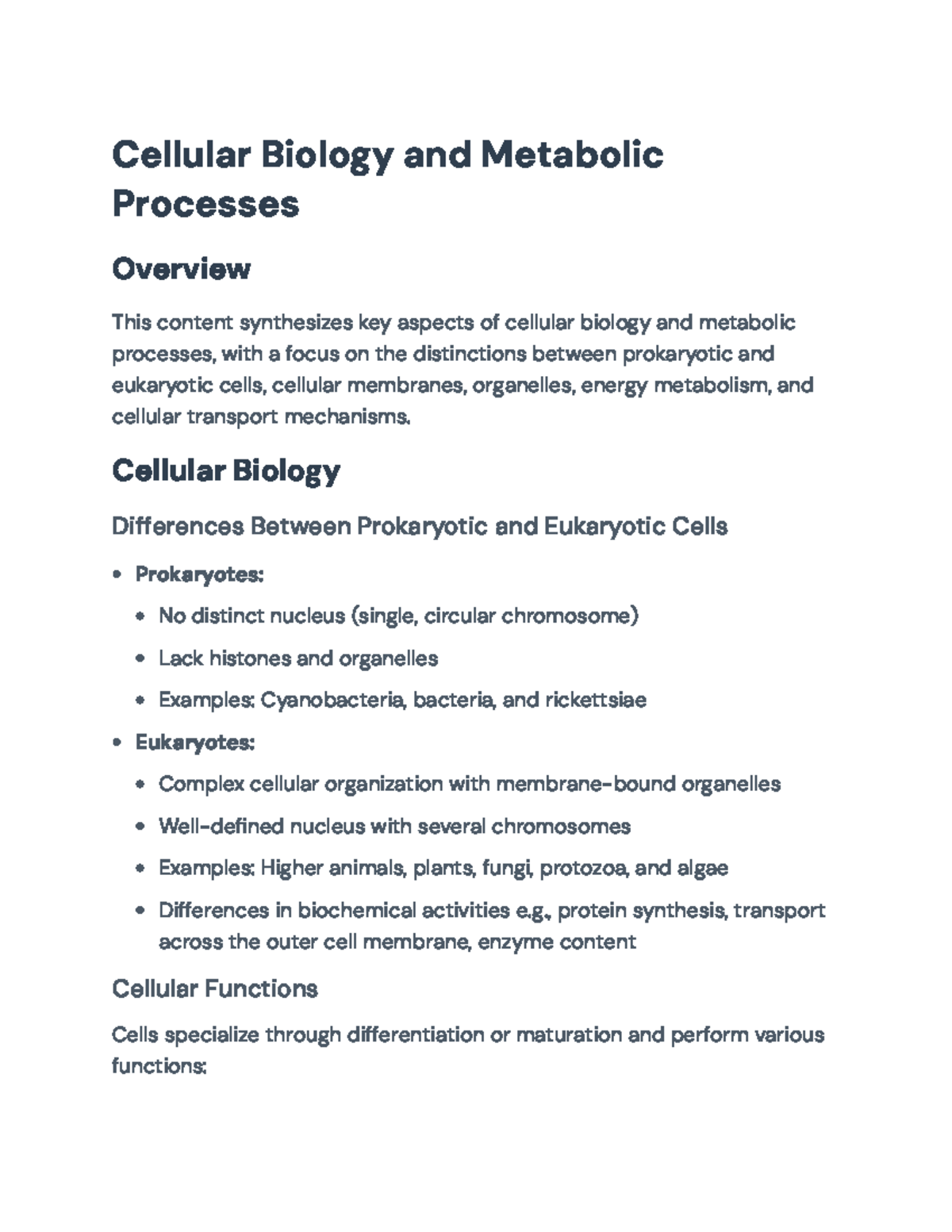 Cellular Biology and Metabolic Processes Overview for BIOL 101 ...