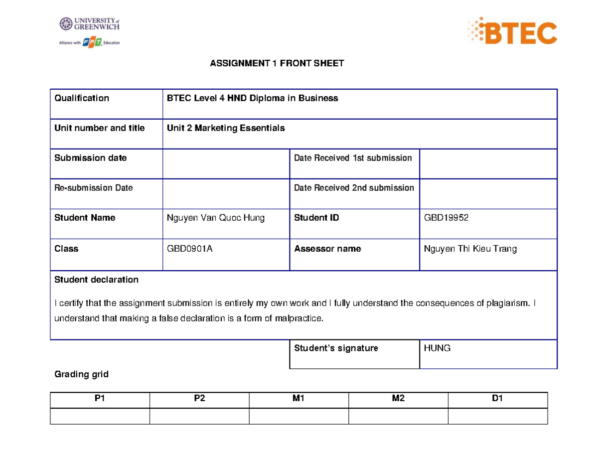 486 Assignment 1 Frontsheet - ASSIGNMENT 1 FRONT SHEET Qualification BTEC Level 4 HND Diploma in ...