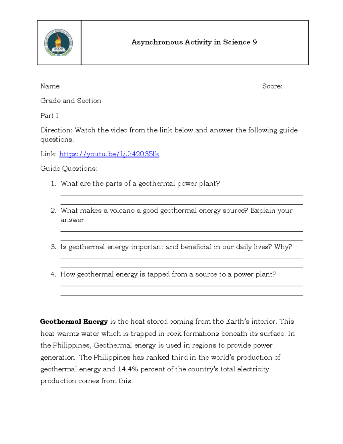 Geothermal Energy Working Sheet - Asynchronous Activity in Science 9 ...