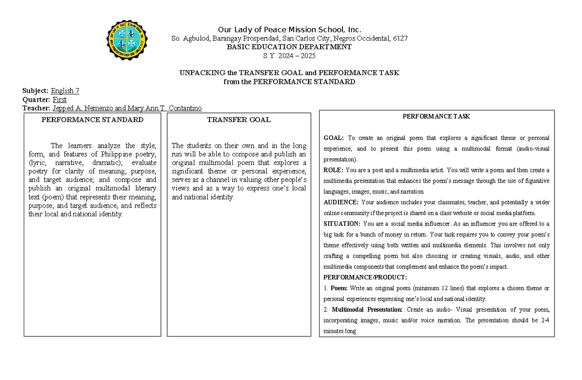 Unpacking Transfer Goals & Performance Tasks for English 7 (S.Y. 2024 ...