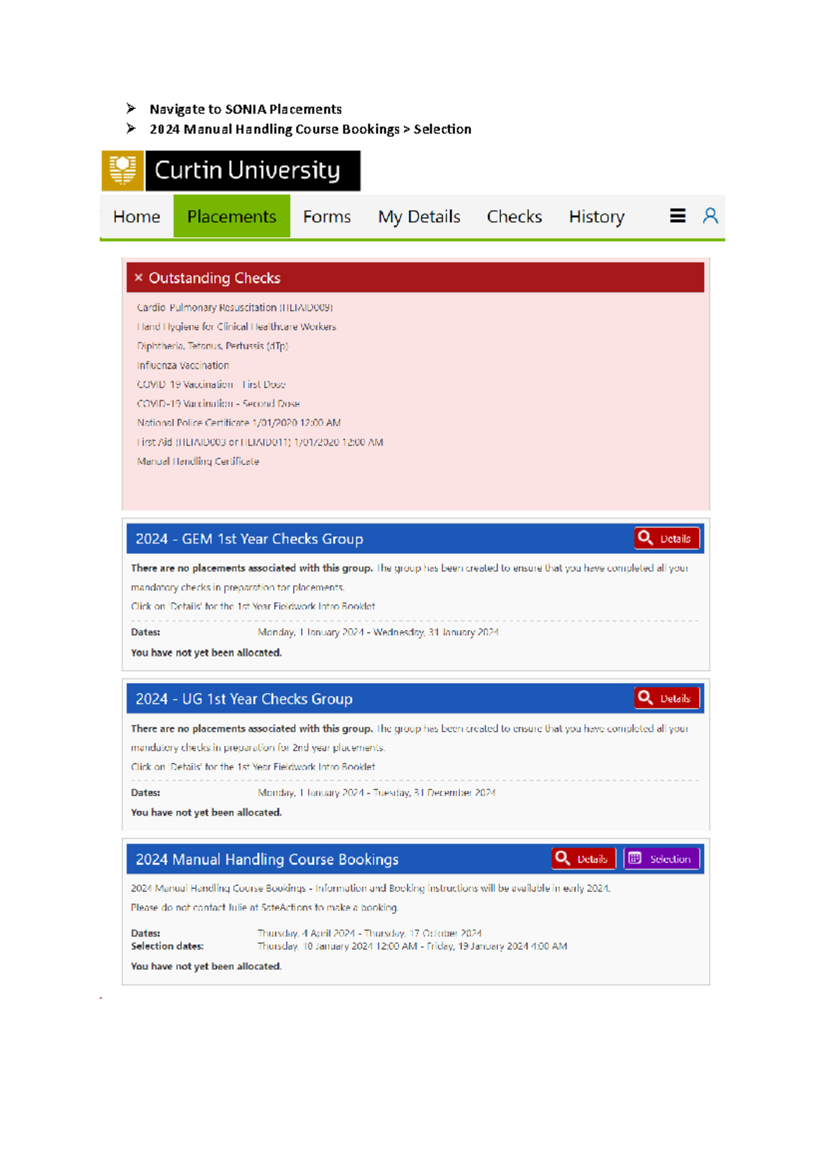 SONIA Placements 2024 Manual Handling Course Booking Guide - Studocu