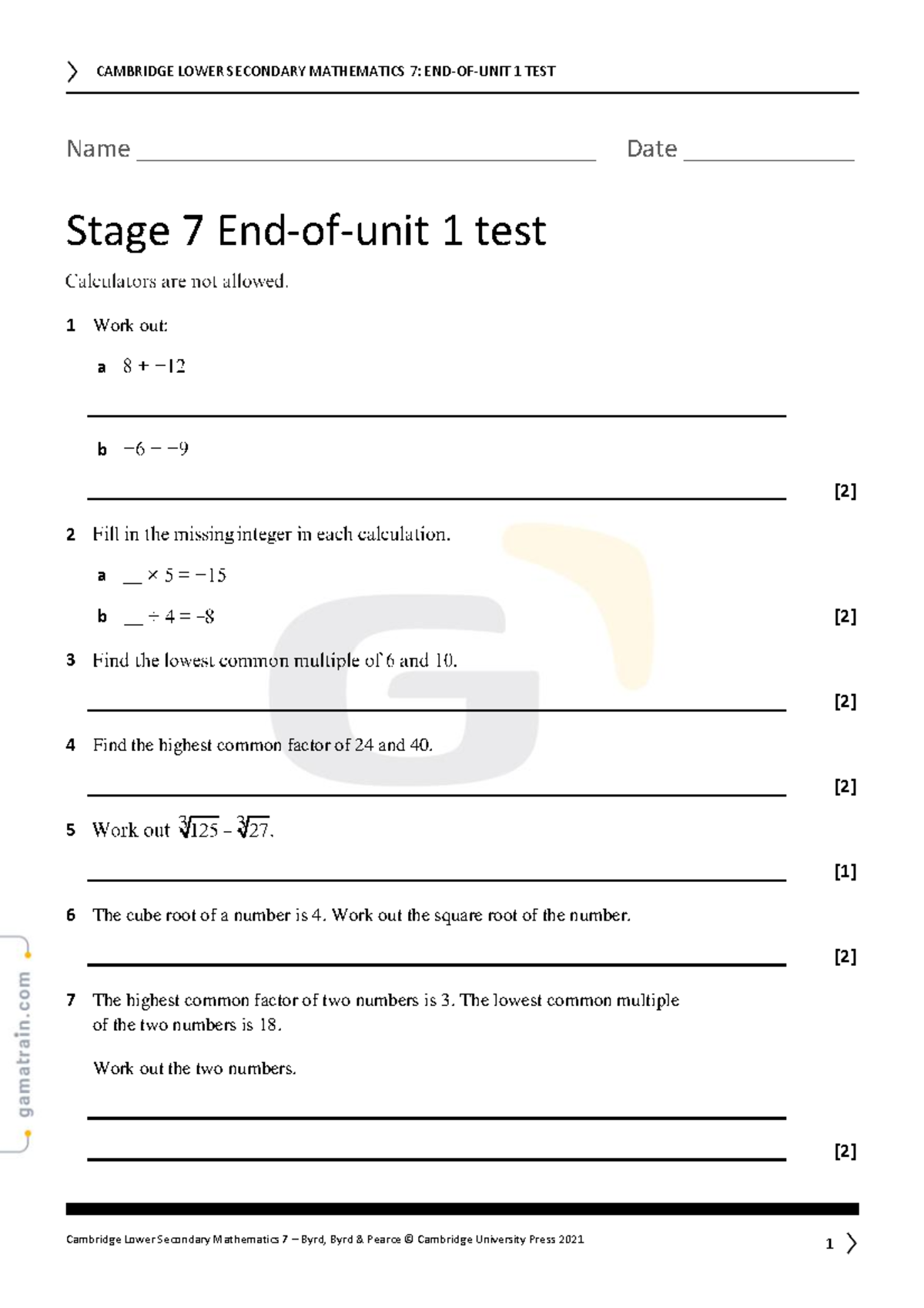 CAMBRIDGE LOWER SECONDARY MATHEMATICS 7: TEST 1 QUESTIONS - Studocu