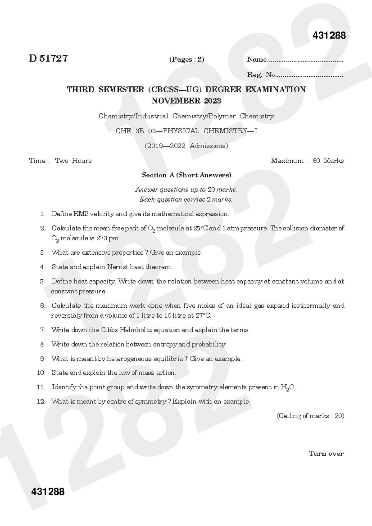 BSC CHE 3SEM NOV 2023 - BSc Chemistry 3rd Sem Physical Chem Exam Paper ...