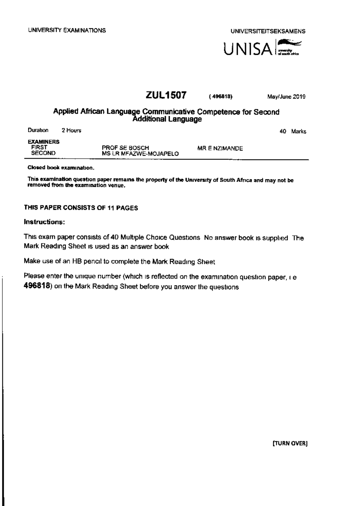 ZUL1507 2019 Final Exam - Zulu Language Competence Questions & Answers - Studocu