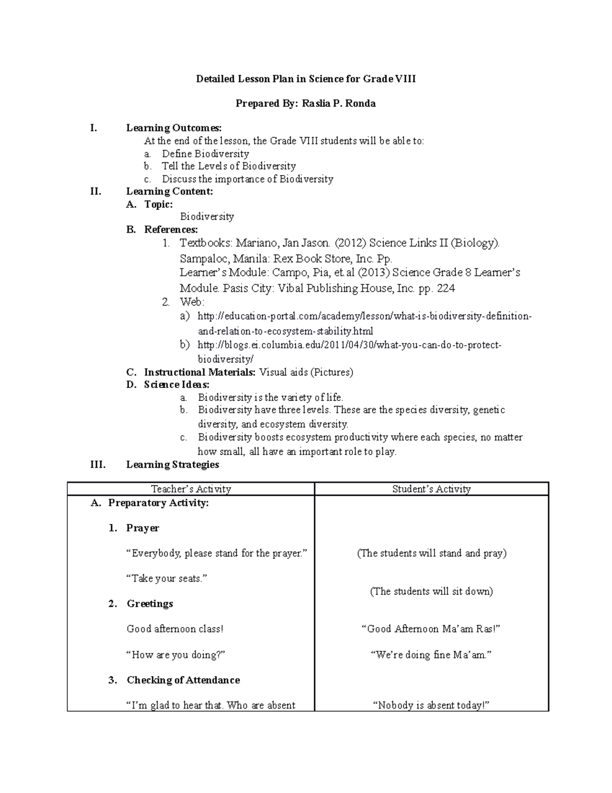 Grade VIII Science Lesson Plan: Understanding Biodiversity - Studocu