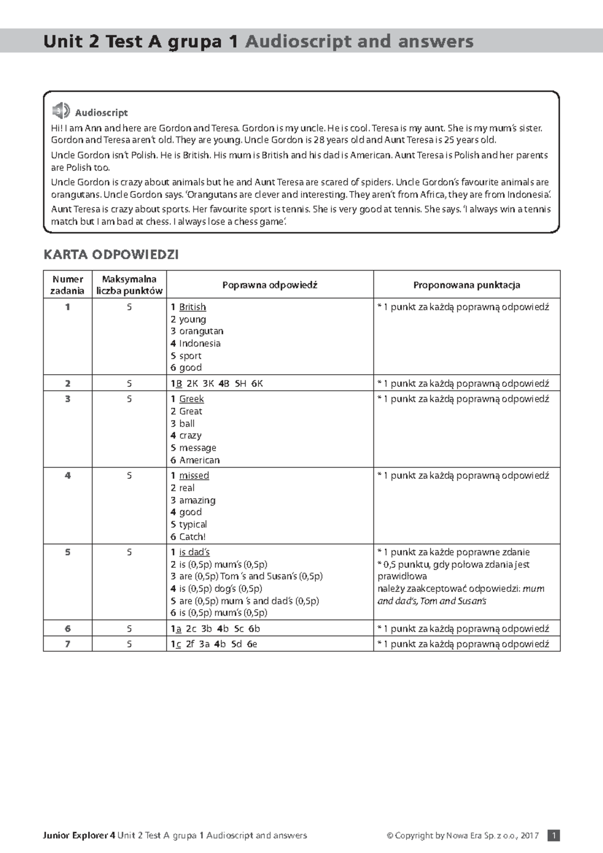 Junior Explorer 4 Unit 2 Test A Grupa 1: Audioscript & Answers - Studocu