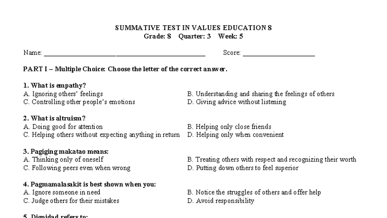 SUMMATIVE TEST IN VALUES EDUCATION 8 Q3 W5 - EMPATHY & ALTRUISM - Studocu