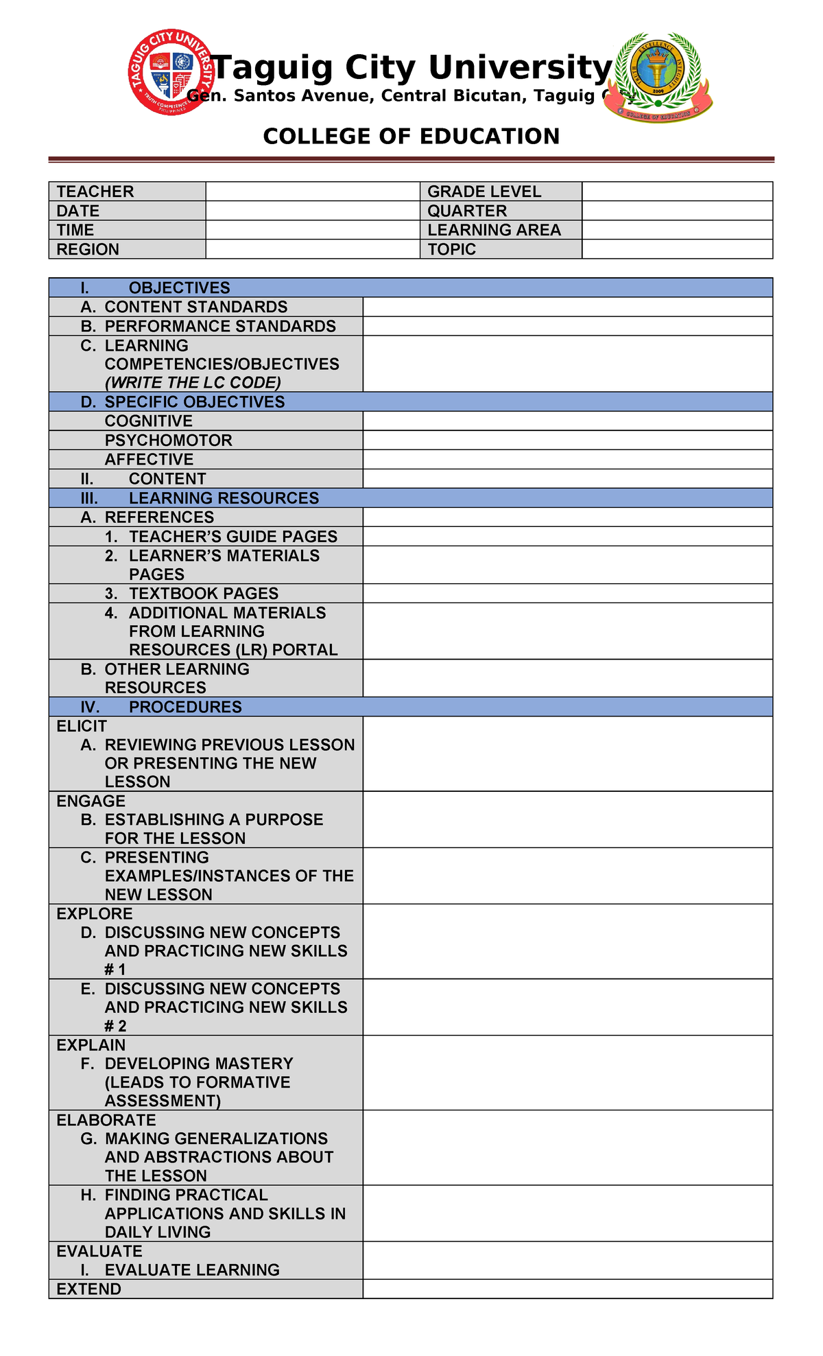 TEACHING LESSON PLAN - TAGUIG CITY UNIV, EDUCATION COURSE - Studocu