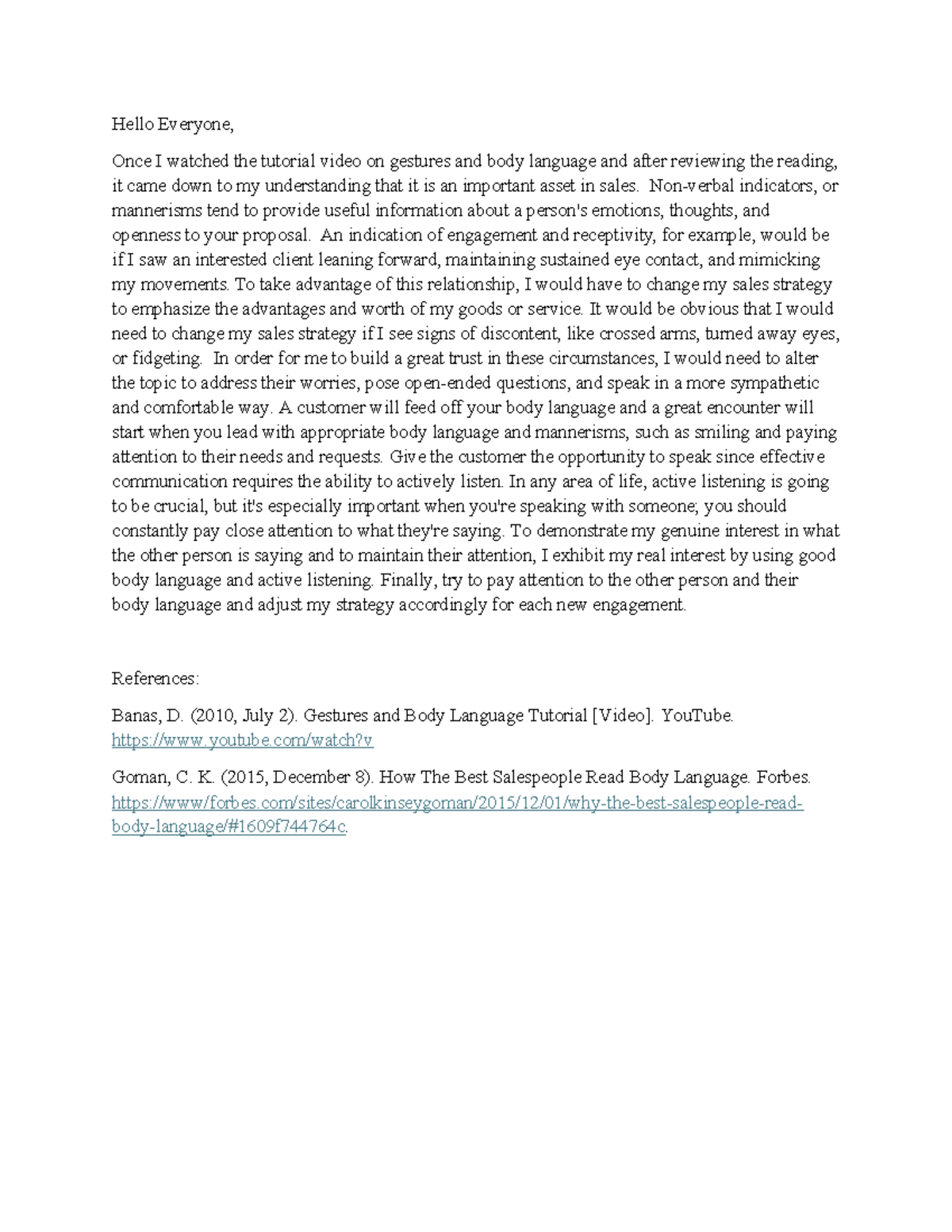 2-1 Discussion: The Role of Body Language in Sales Strategies - Studocu