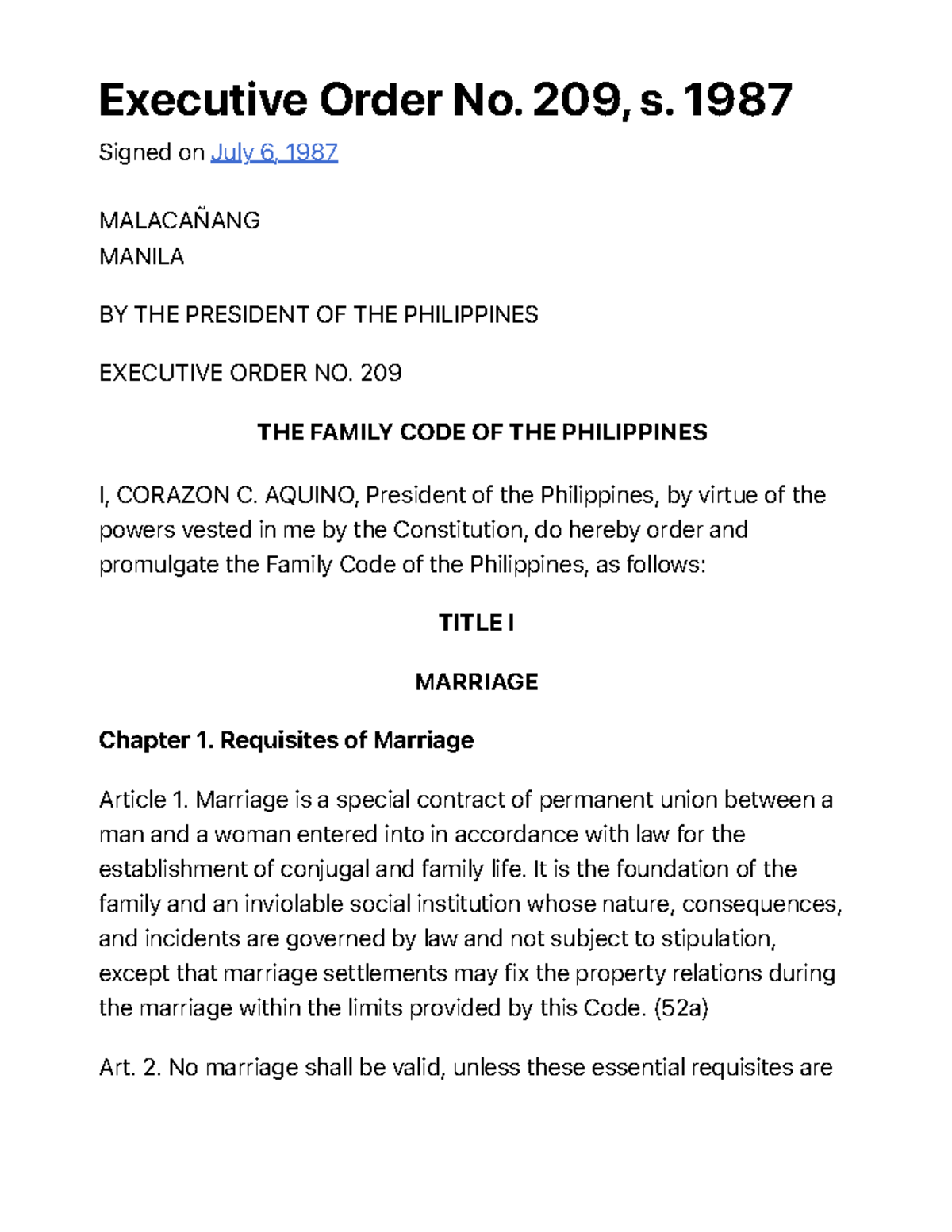 Executive Order No. 209, s. 1987: The Family Code of the Philippines ...