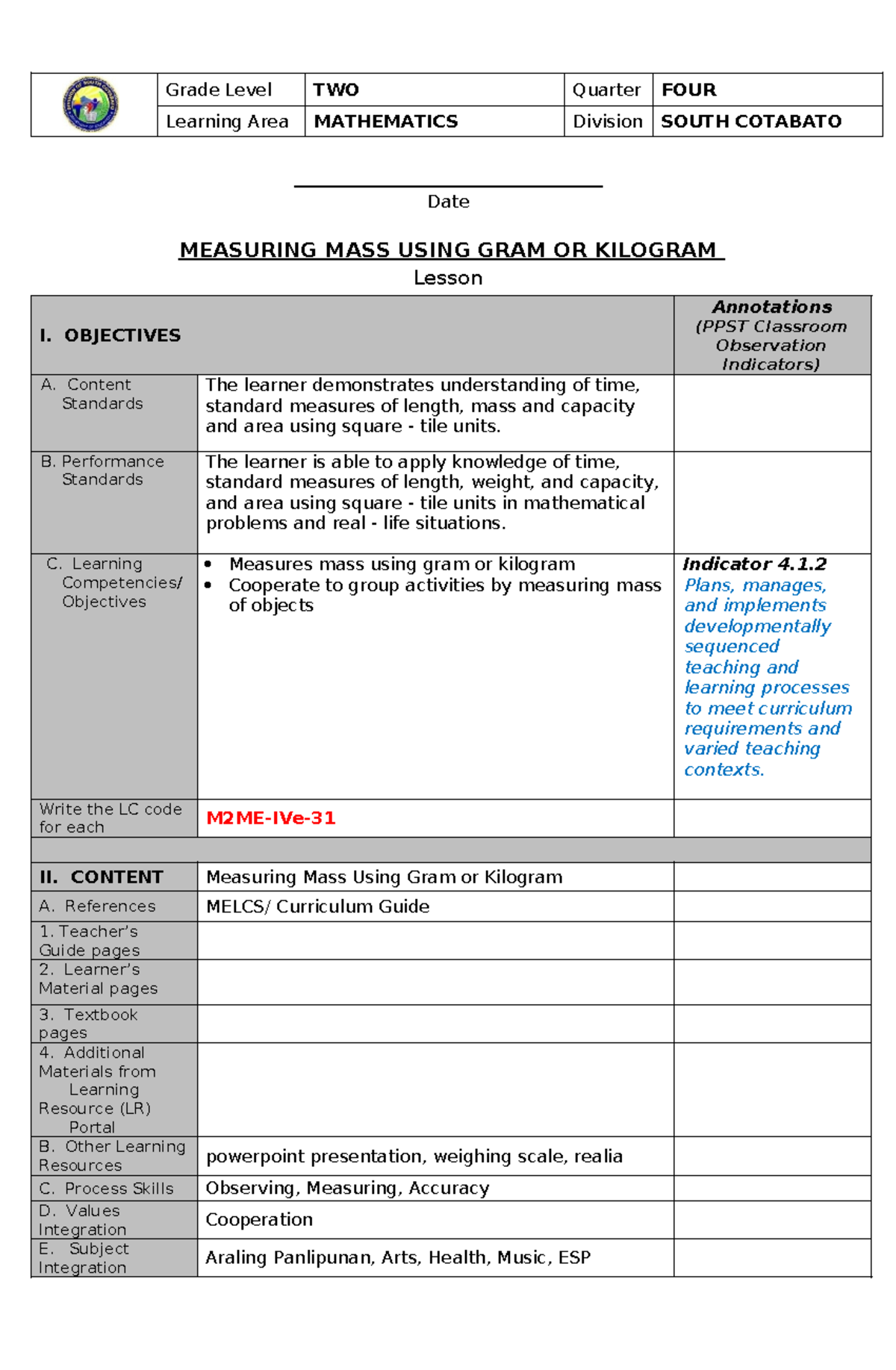 LP MATH 2023-2024 - Lesson Plan for Measuring Mass in Grade 2 - Studocu