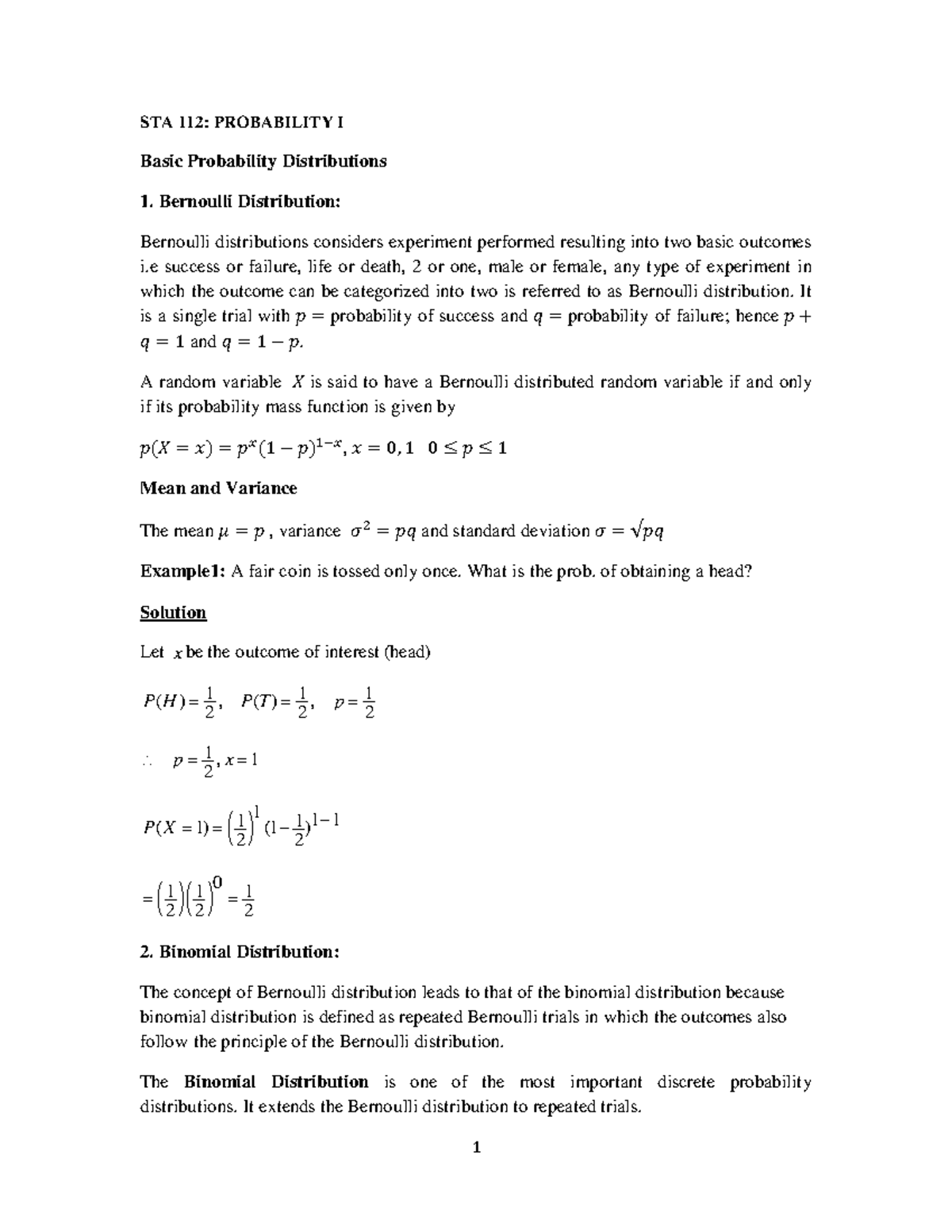 STA 112: PROBABILITY I Basic Probability Distributions Overview - Studocu