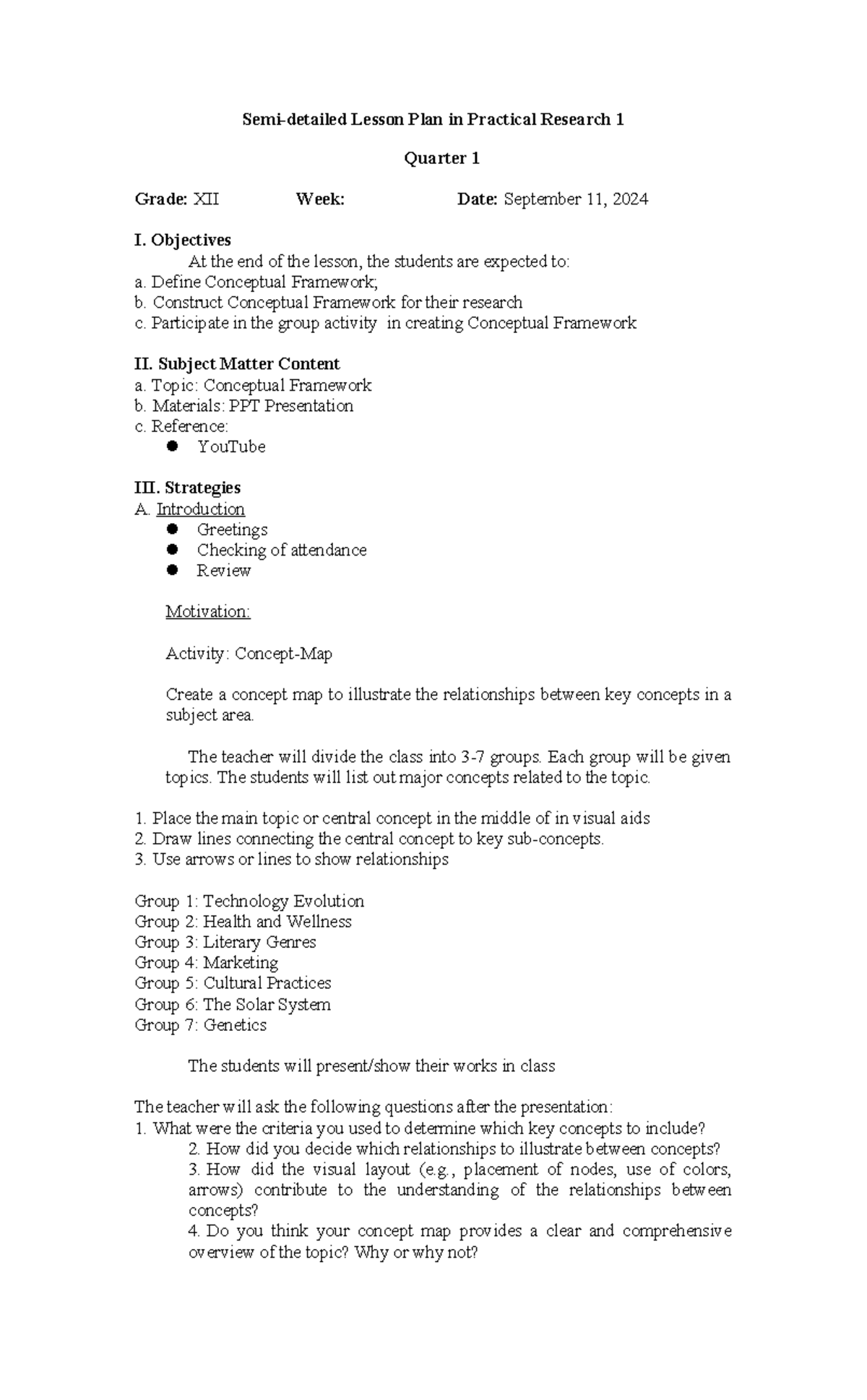 Semi-Detailed Lesson Plan in Practical Research 1: Conceptual Framework ...