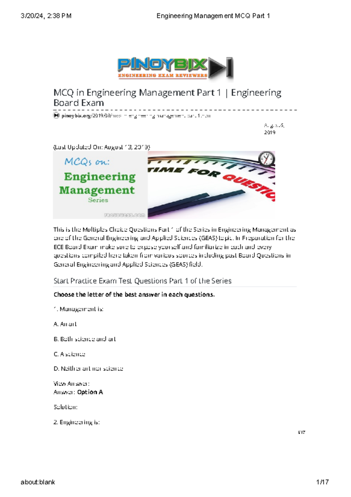 Engineering Management MCQ Review Part 1 for ECE Board Exam - Studocu