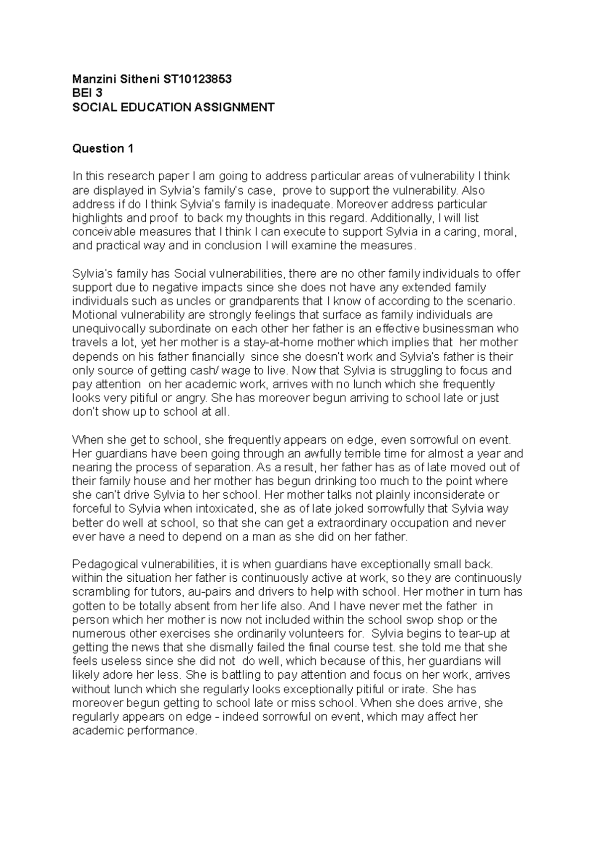 SOCE 2023 Social Education Assignment on Family Vulnerability - Studocu