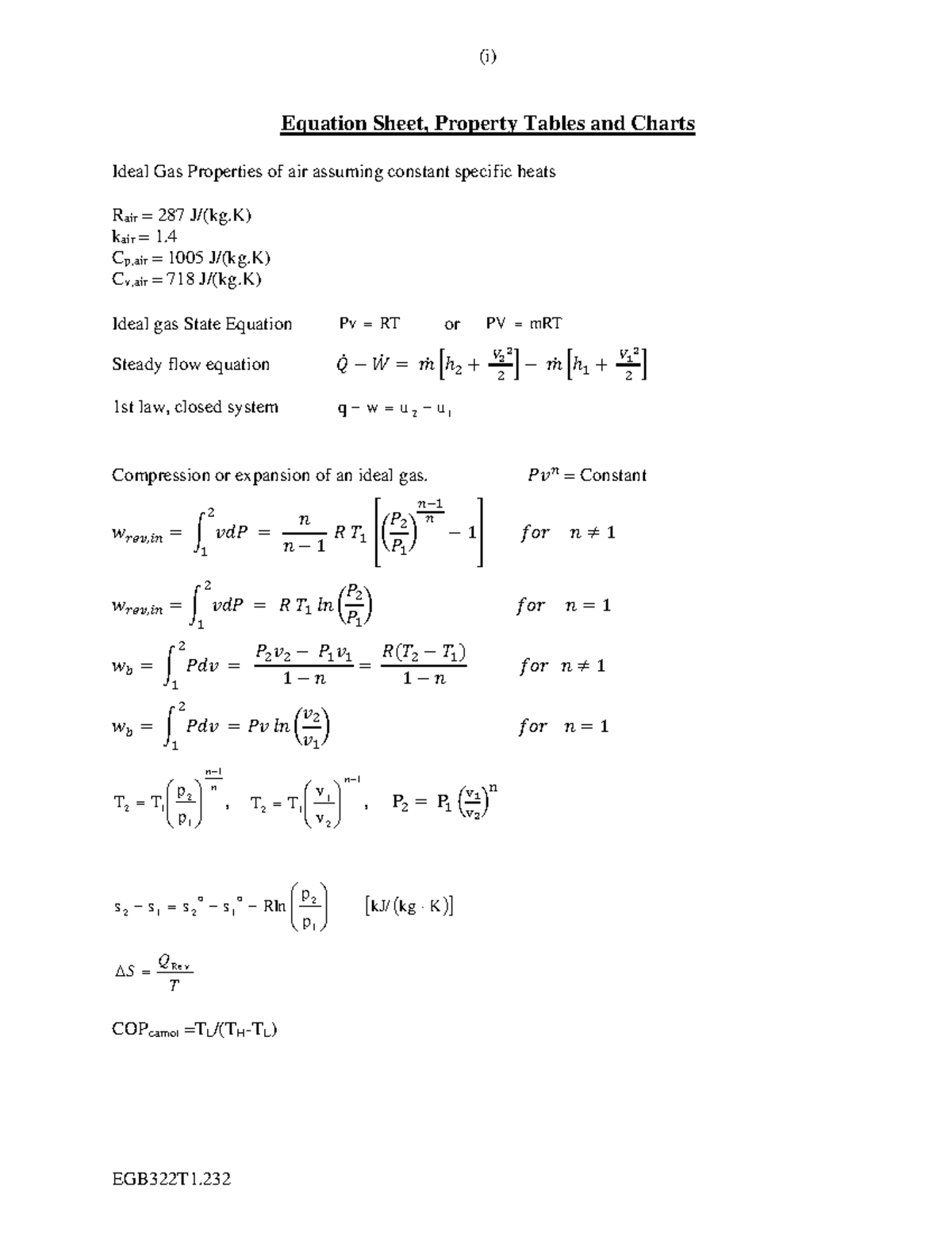 Equation Sheet and Property Tables for Thermodynamics (ENGR 101) - Studocu