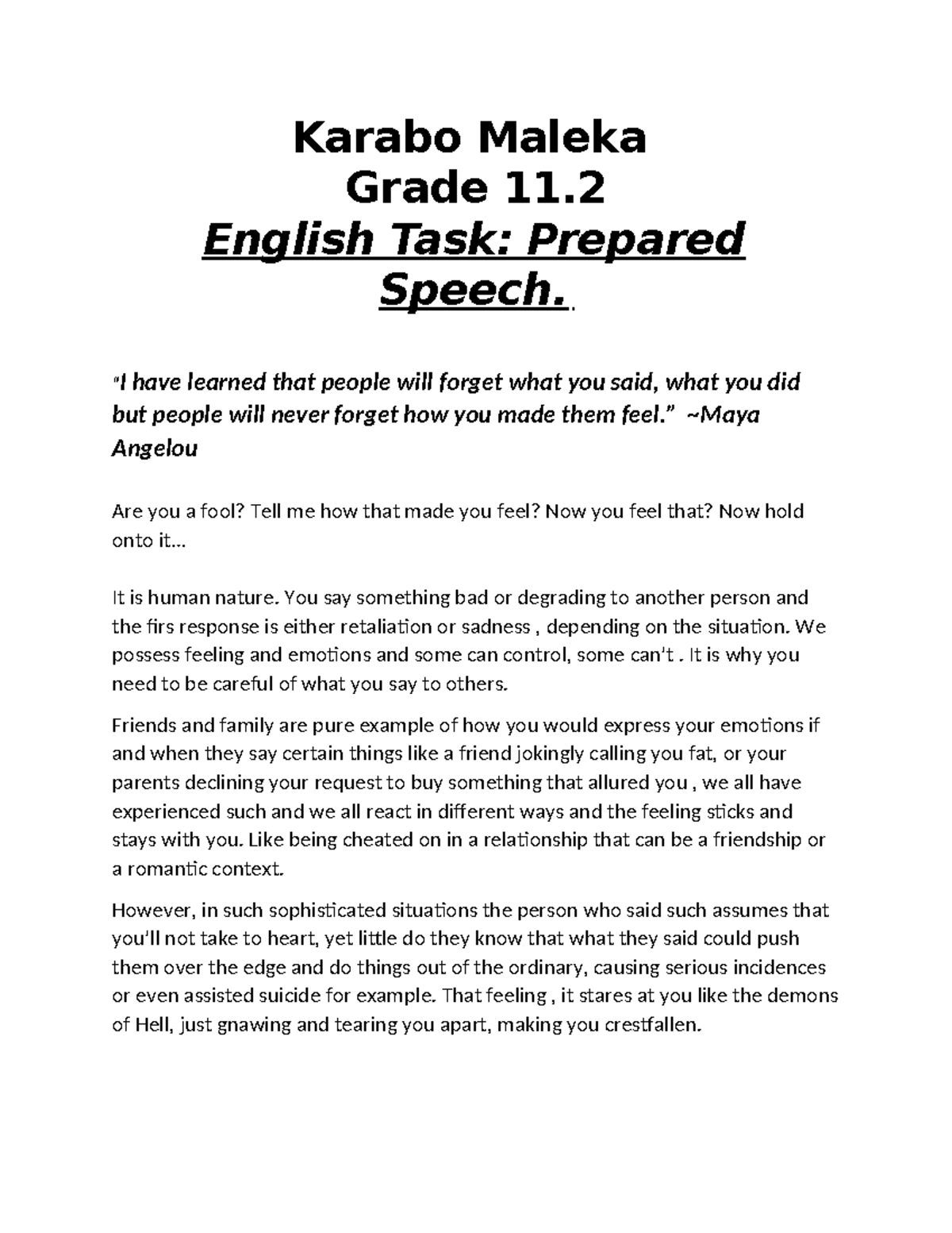 Grade 11 English Prepared Speech: Emotions and Their Impact - Studocu