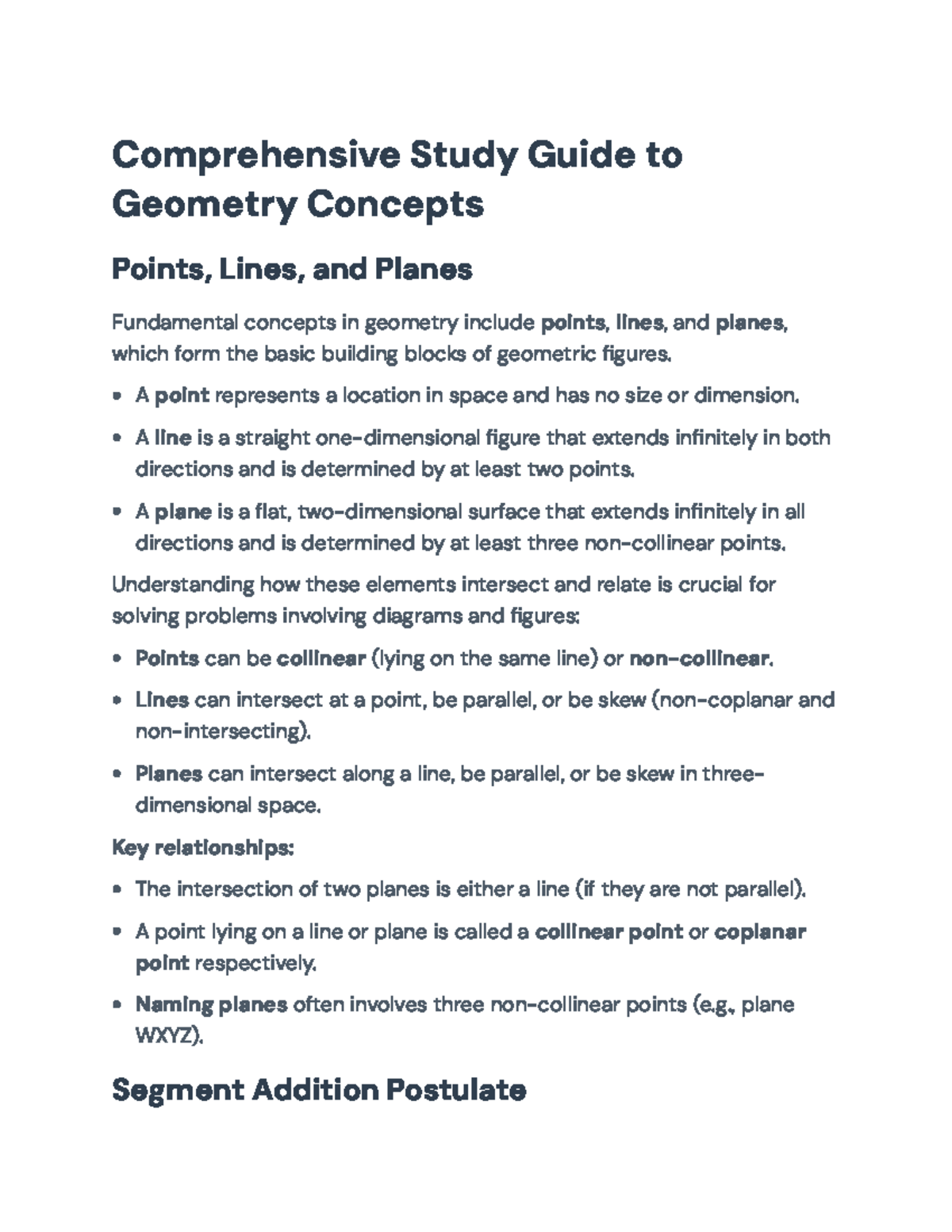 Comprehensive Geometry Study Guide: Points, Lines, and Planes Concepts ...