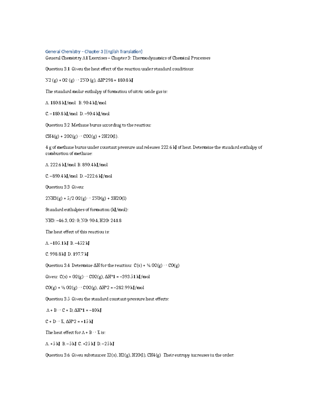 General Chemistry A1 Chapter 3: Thermodynamics Exercises - Studocu