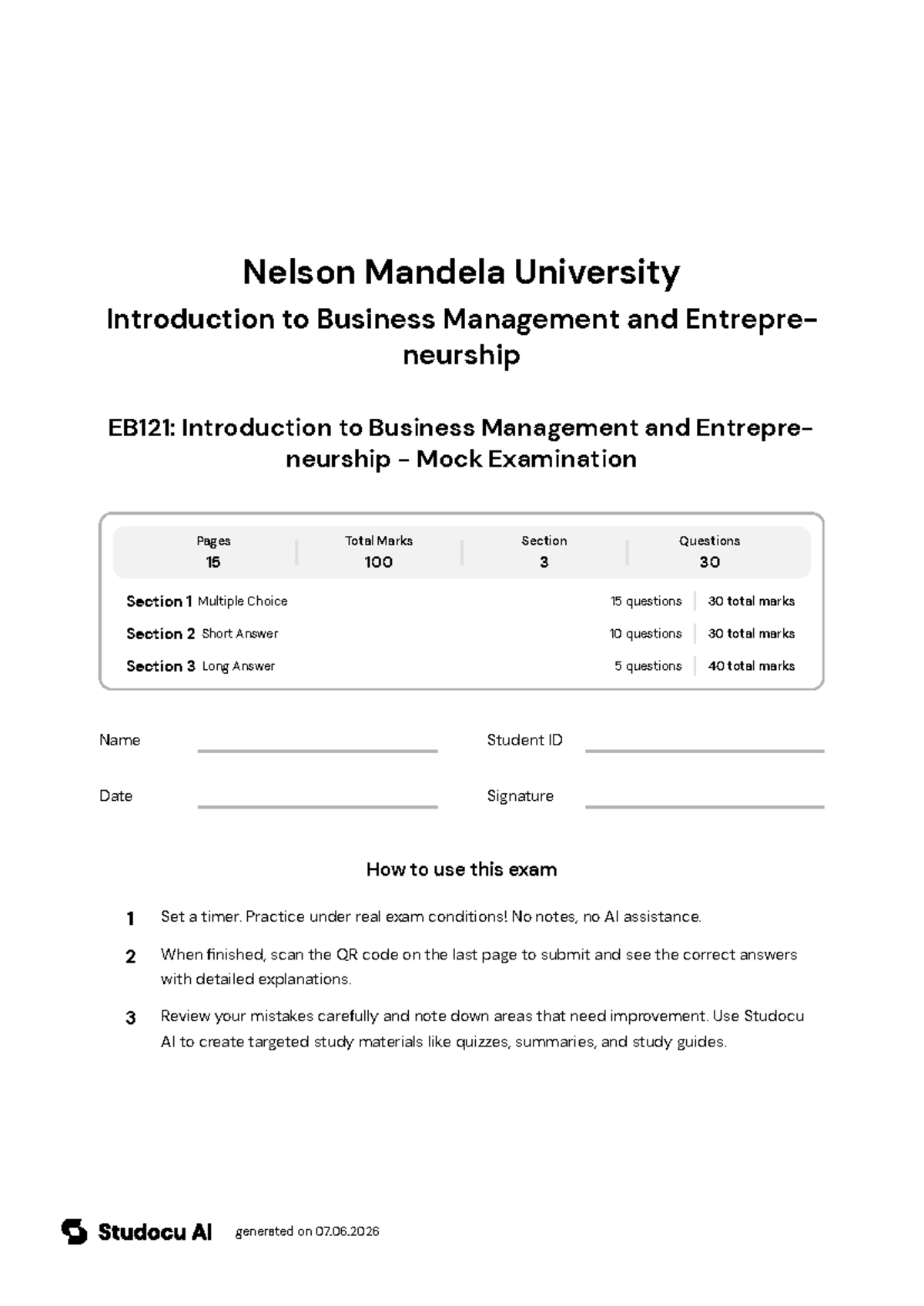 EB121: Business Management Mock Exam - Studocu