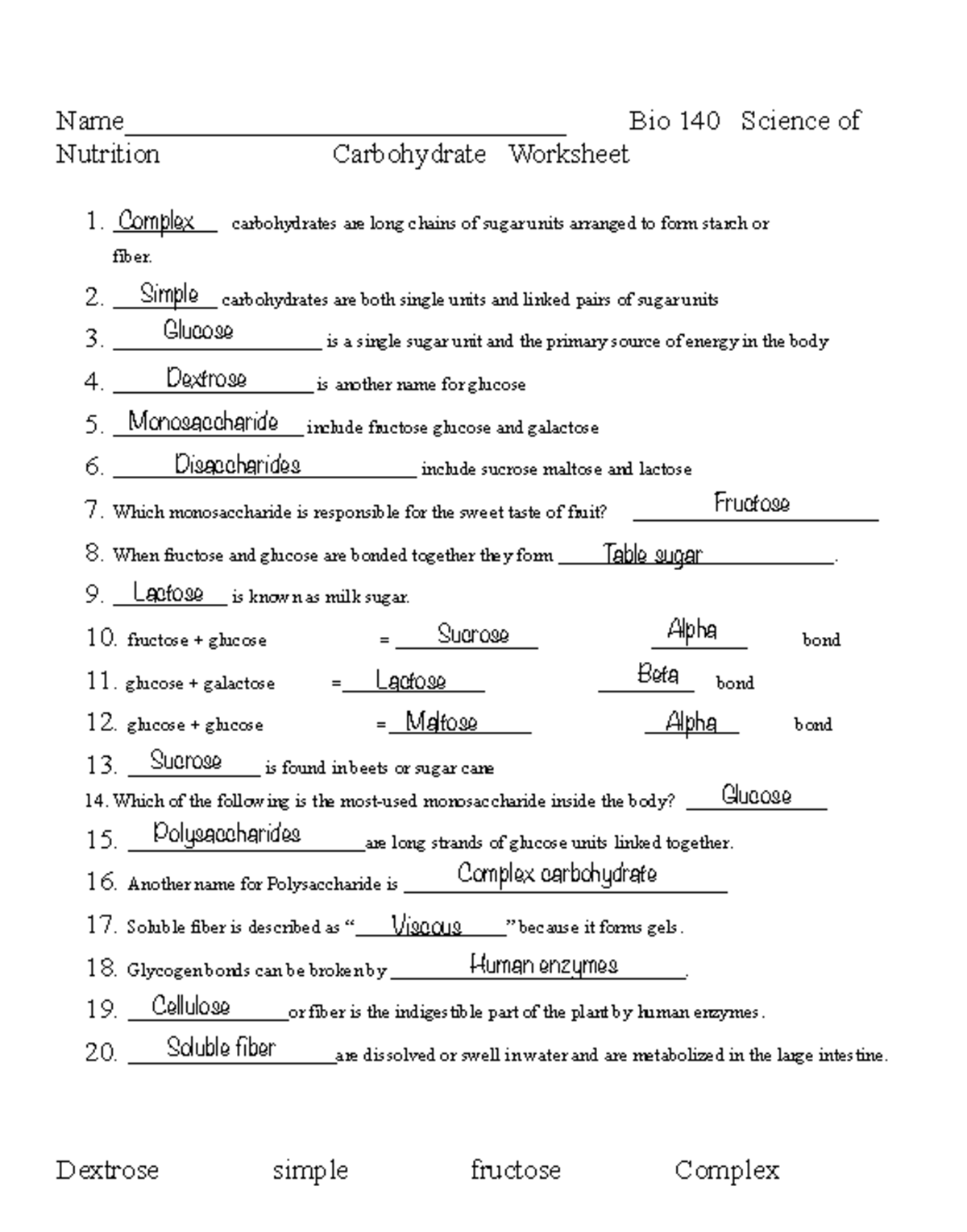 Bio 140 Science of Nutrition carbo worksheet elearning - Name