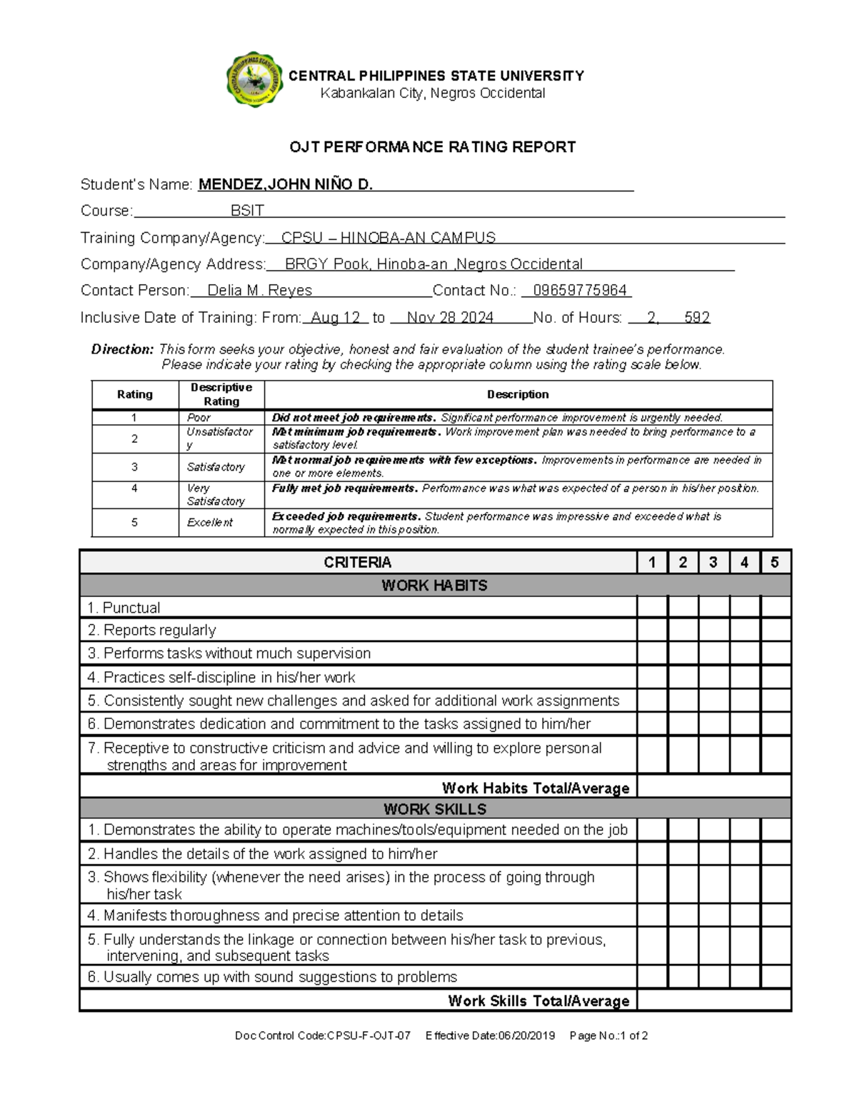OJT Performance Rating Report for BSIT - CPSU 2024 - Studocu