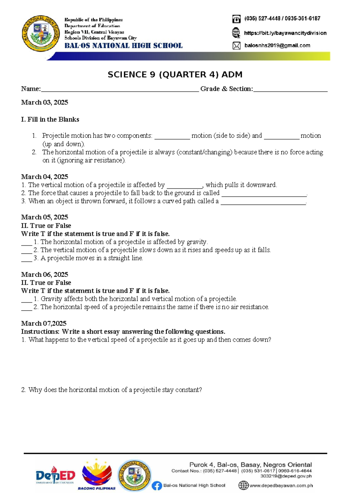 Worksheet-ADM (updated) - SCIENCE 9 (QUARTER 4) ADM Name: Grade ...