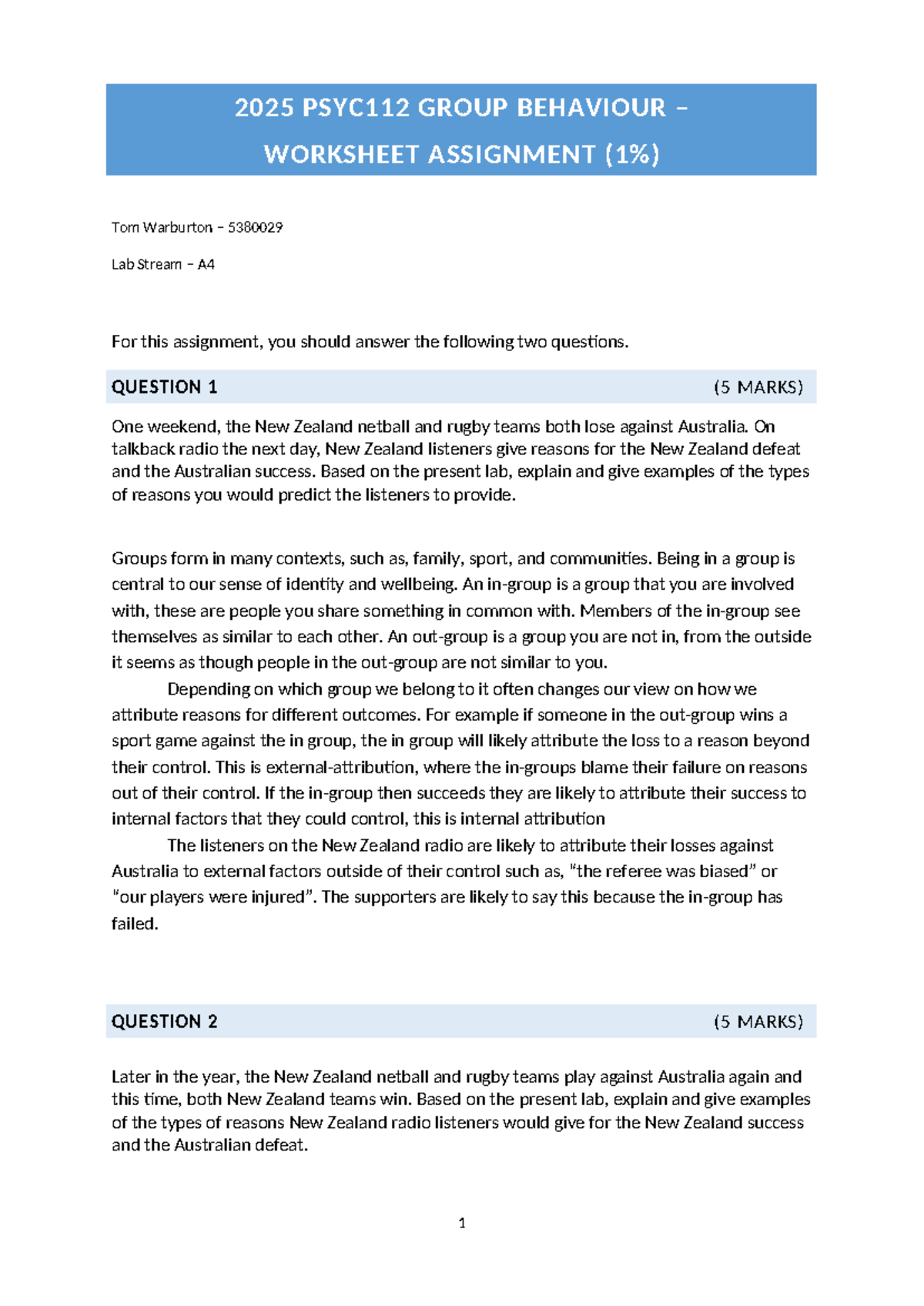 PSYC112 Group Behaviour Worksheet Assignment - Tom Warburton - Studocu