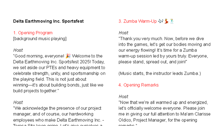 Delta Earthmoving Inc. Sportsfest 2025 Opening Program Script - Studocu