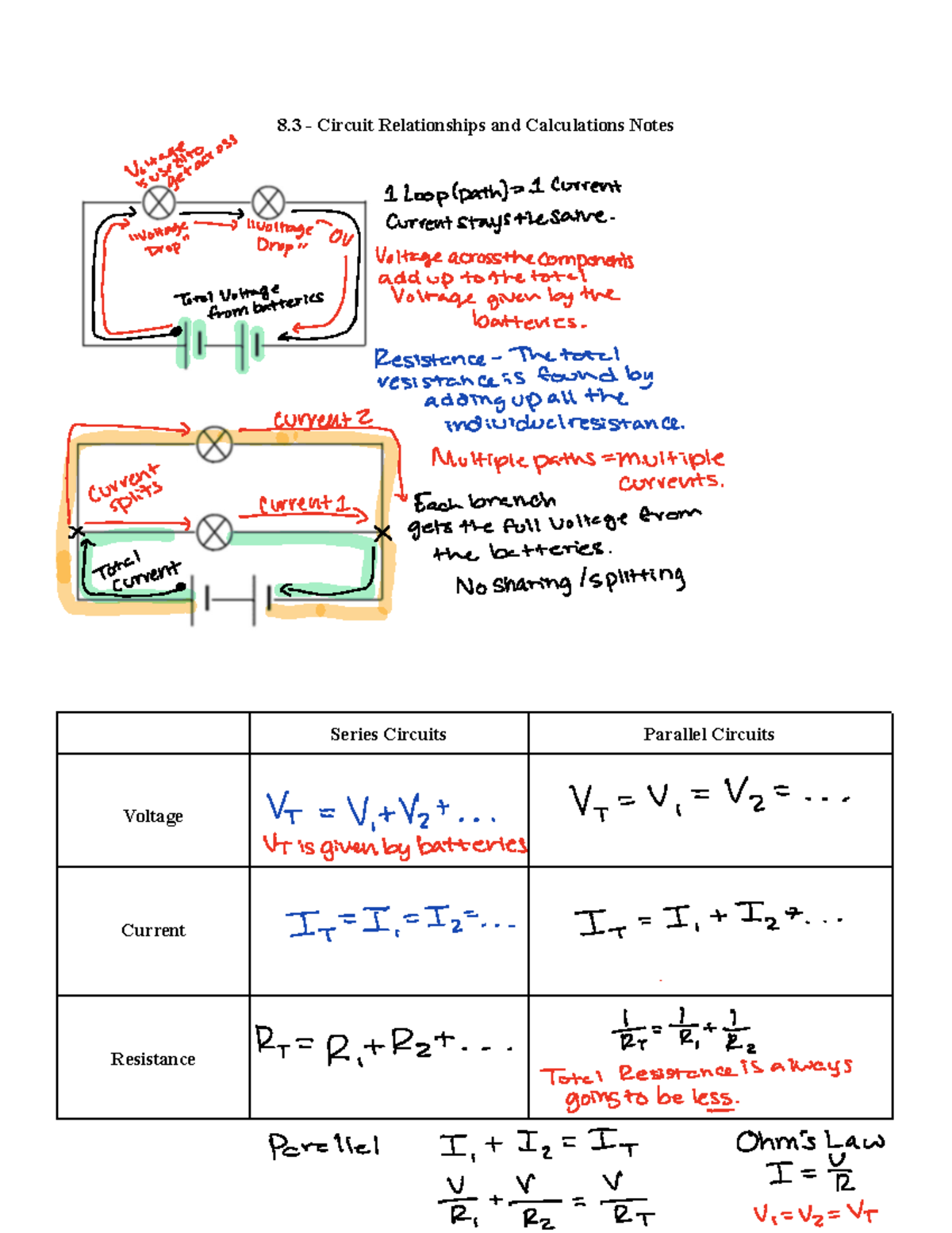 Circuit Relationships and Calculations Notes (Physics 101) - 8 ...